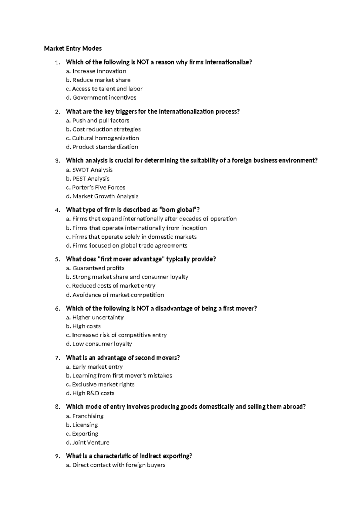 MCQs on Market Entry Modes and Globalization - MGT 301 - Studocu