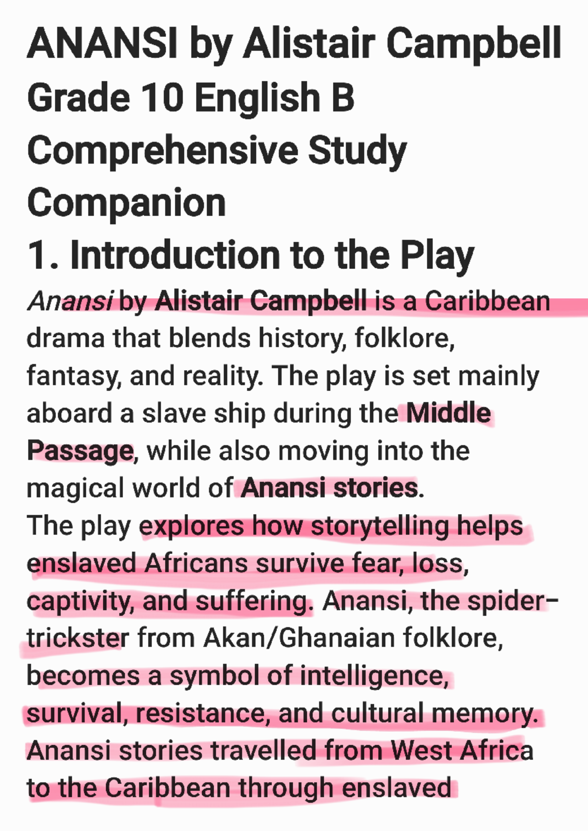 ANANSI Grade 10 English B Study Guide: Themes & Characters Analysis ...