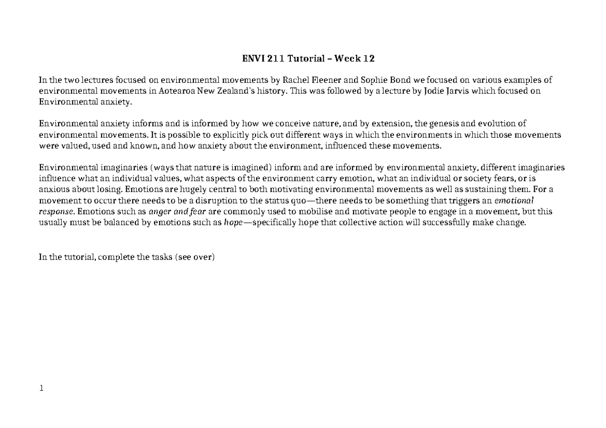 ENVI 211 Tutorial Week 12: Environmental Movements & Anxieties - Studocu