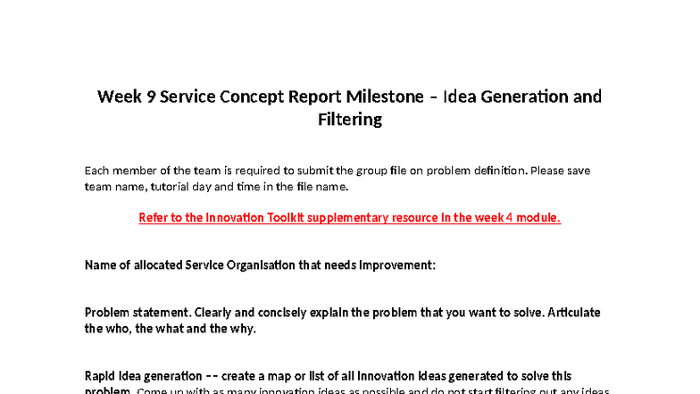 Week 9 Service Concept Report: Idea Generation & Filtering - Studocu