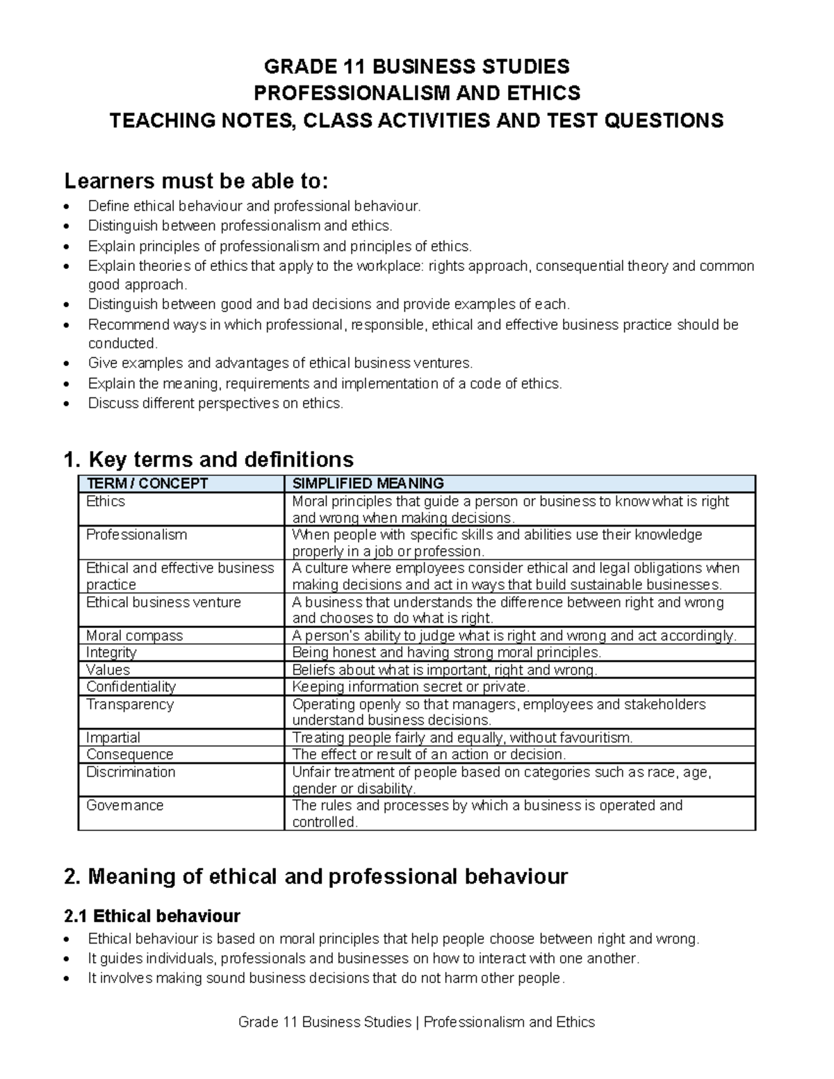Grade 11 Business Studies: Professionalism & Ethics Teaching Notes and ...