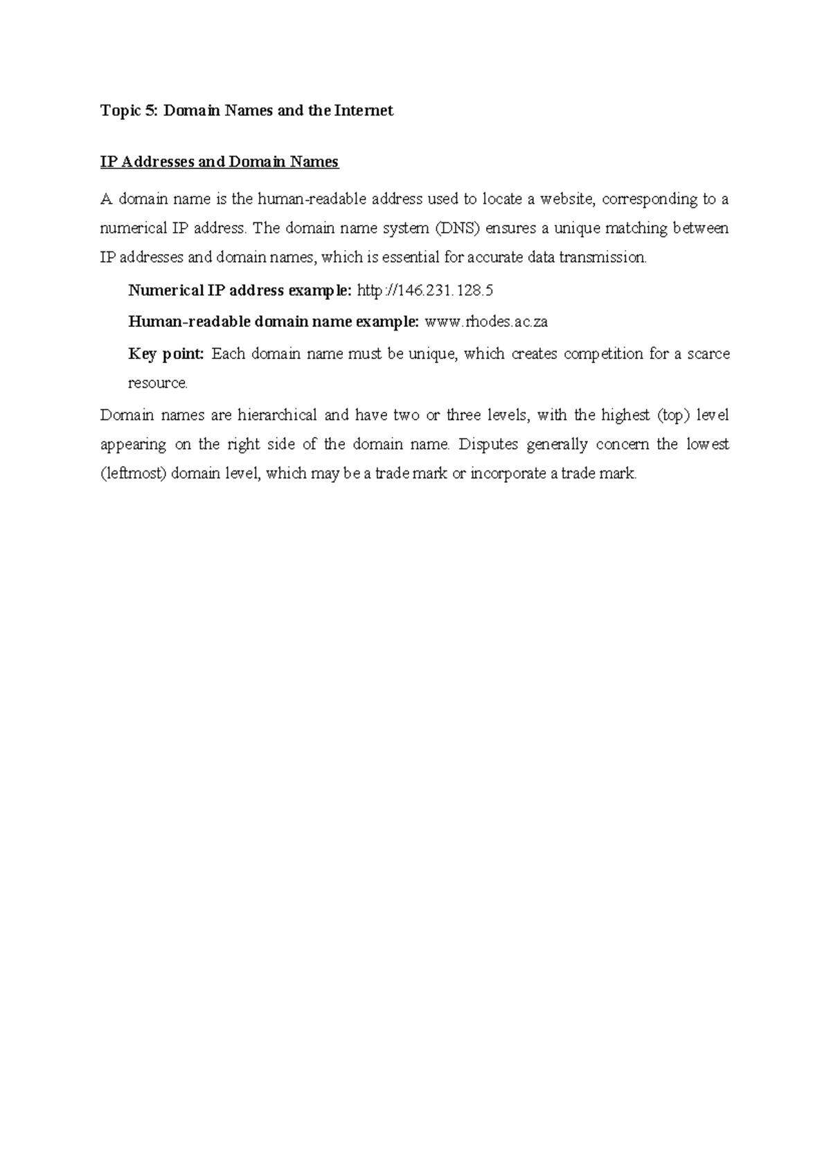 Topic 5: Domain Names and IP Addresses - Understanding Disputes and ...