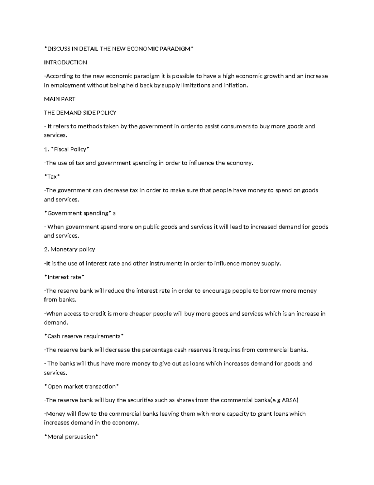 Grade 12 Essay 2: Understanding the New Economic Paradigm - Studocu