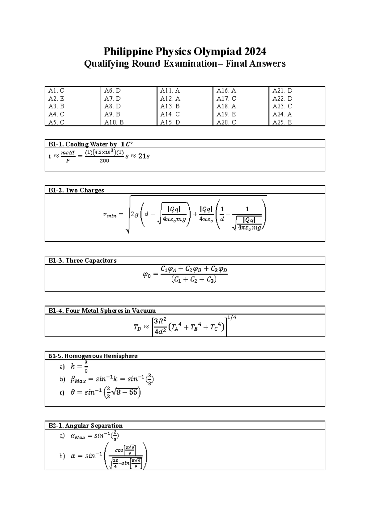 Philippine Physics Olympiad 2024 Qualifying Round Final Answers - Studocu