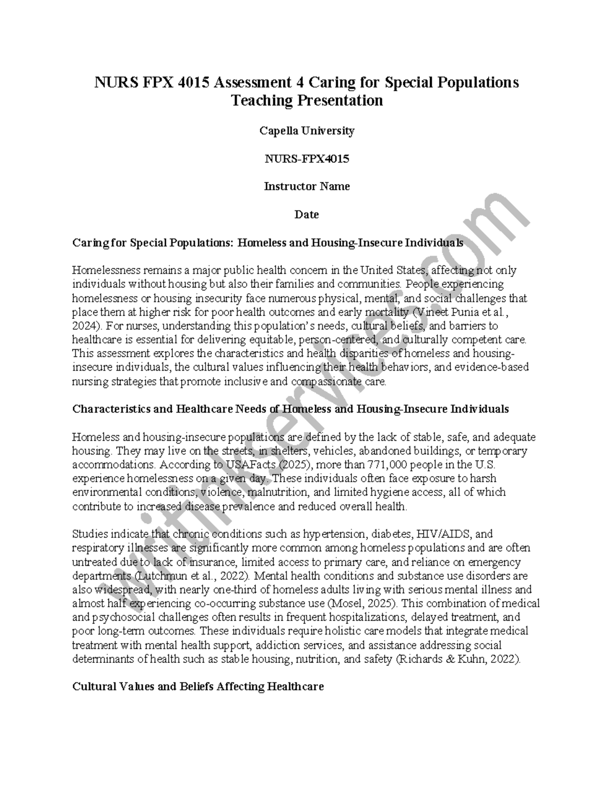 NURS FPX 4015 Assessment 4: Caring for Homeless Populations in Nursing ...