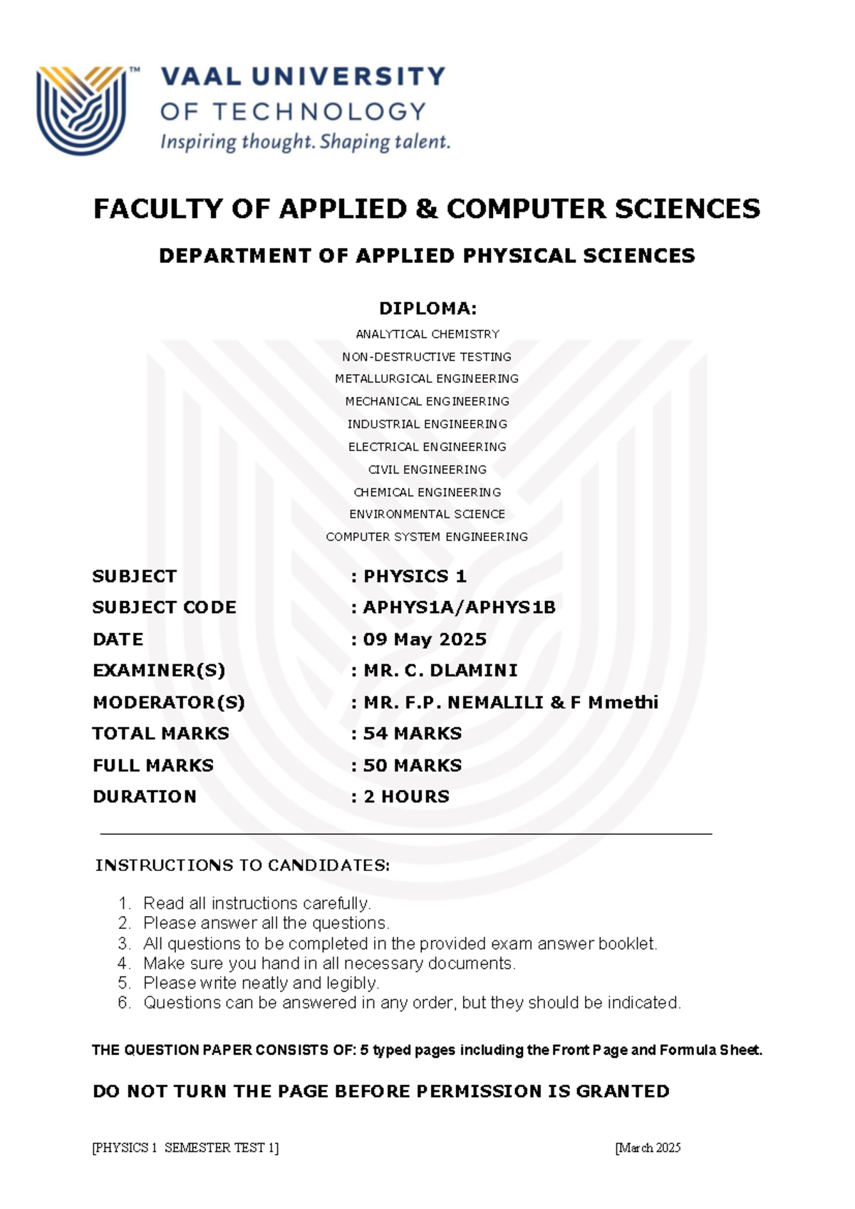 Test 2 - Physics 1 Semester 1 Exam with Memo (Subject Code: PHYS 1 ...