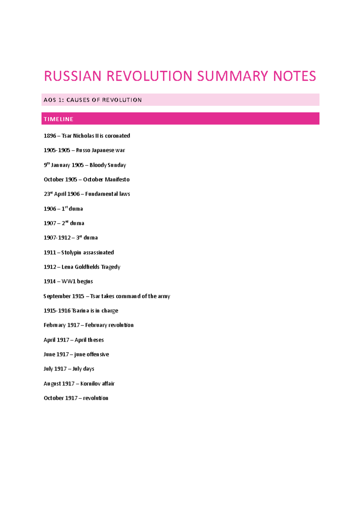 AOS 1: Russian Revolution Causes and Summary Notes - Studocu