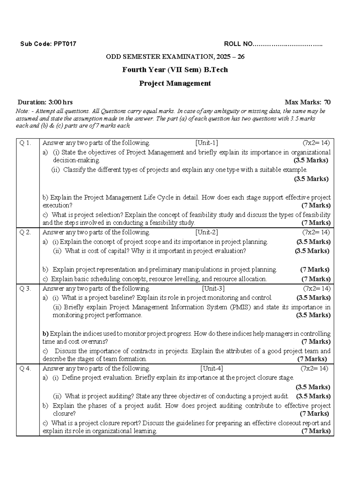 Sub Code: PPT017 B.Tech Project Management Odd Sem Exam 2025-26 - Studocu
