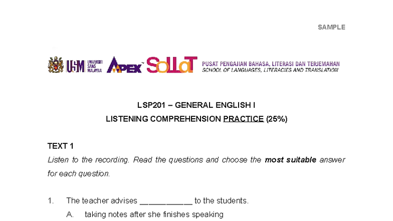 LSP201 General English I Listening Comprehension Practice Text - Studocu