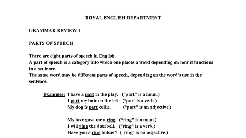 Grammar Review I: Parts of Speech - Royal English Dept. - Studocu