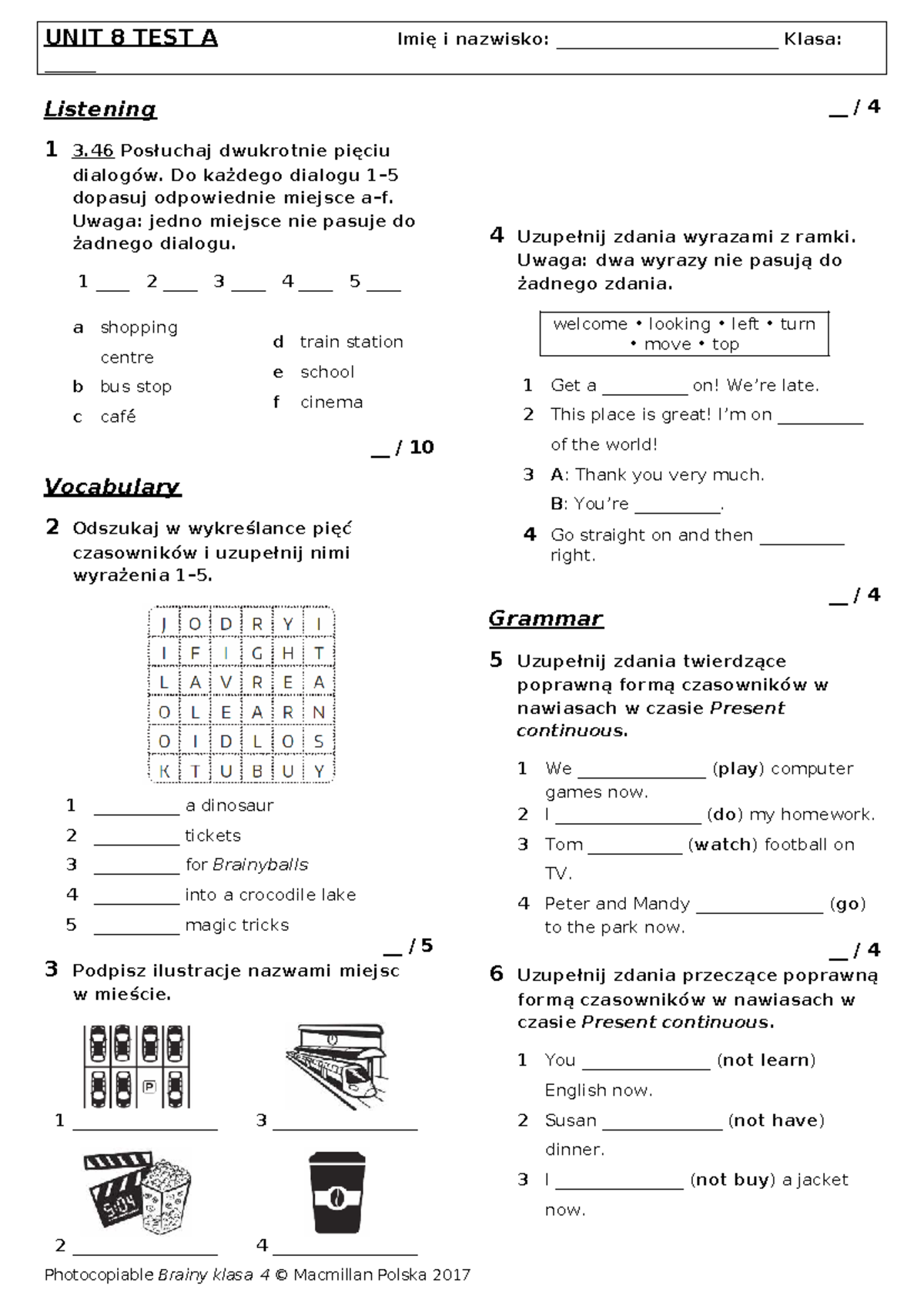 Brainy KL4 Unit 8 Test A: Listening & Grammar Exercises - Studocu