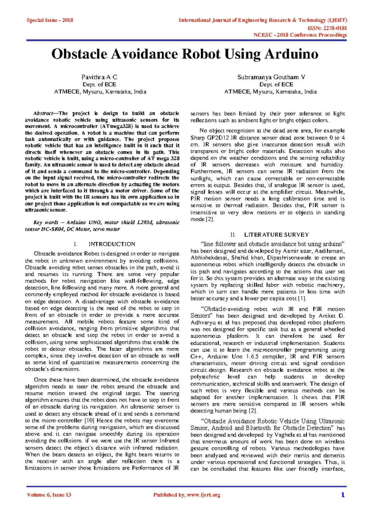 Obstacle Avoidance Robot Using Arduino - IJERT NCESC 2018 - Studocu