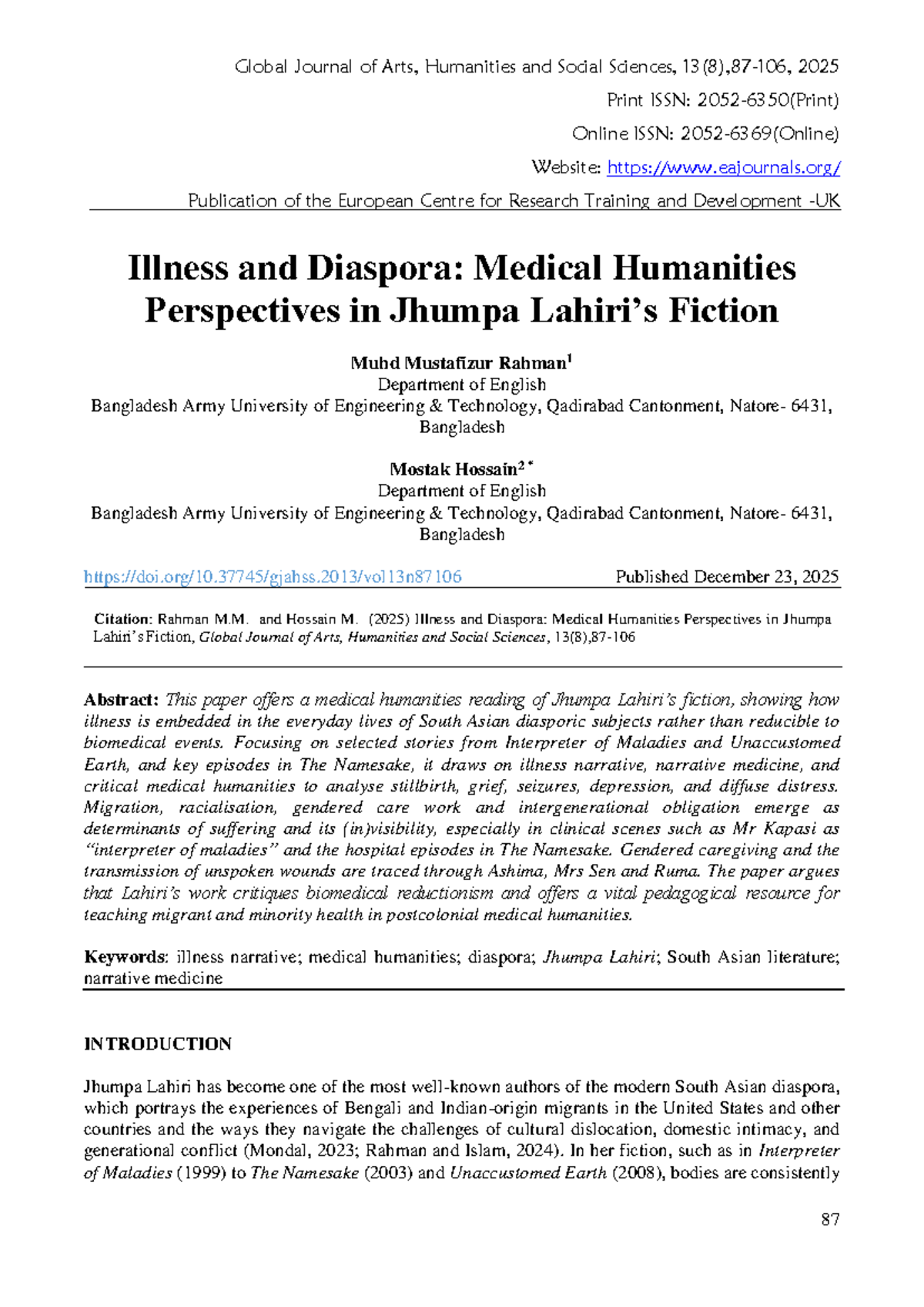 Illness and Diaspora: Medical Humanities in Jhumpa Lahiri's Fiction ...