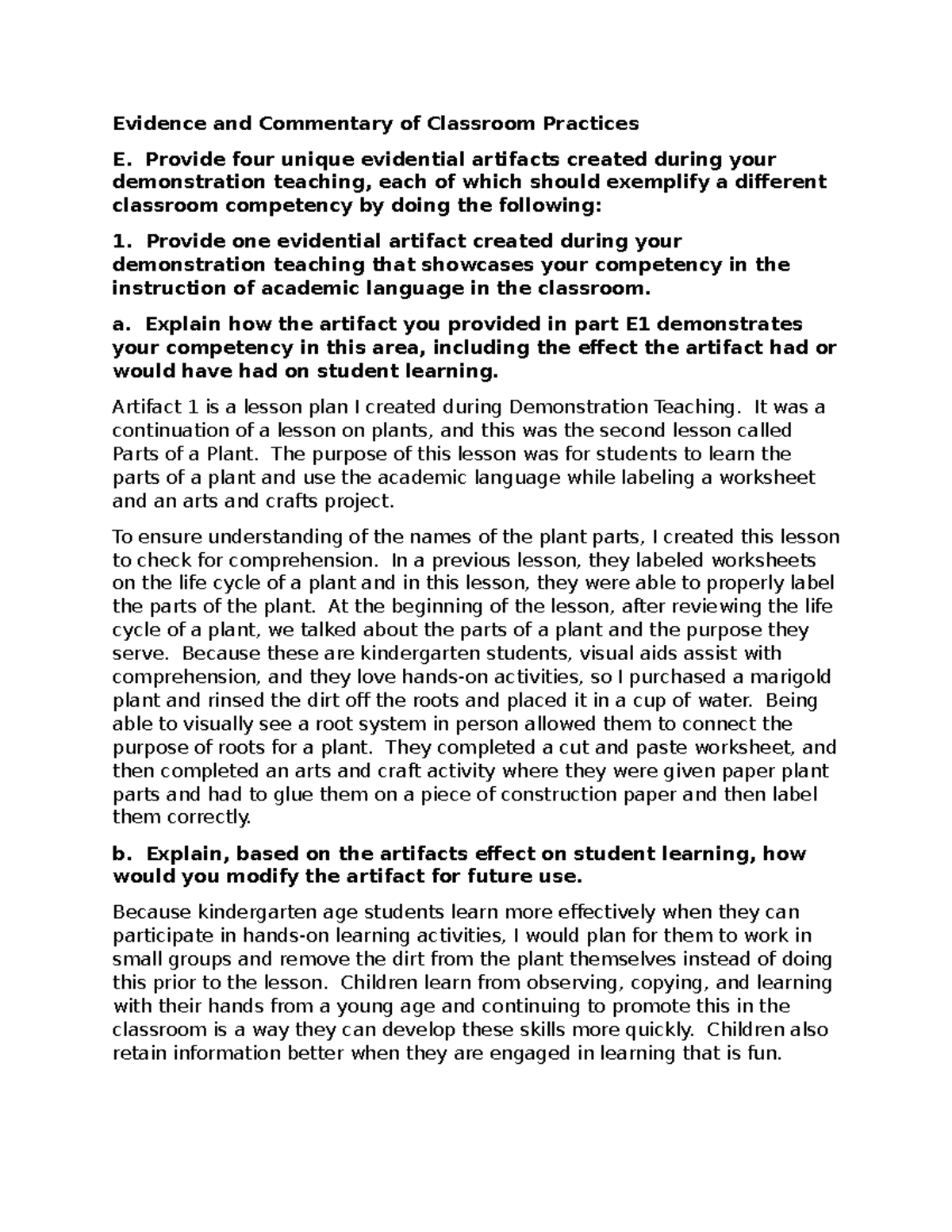 Evidence and Commentary of Classroom Practices - Provide four unique ...