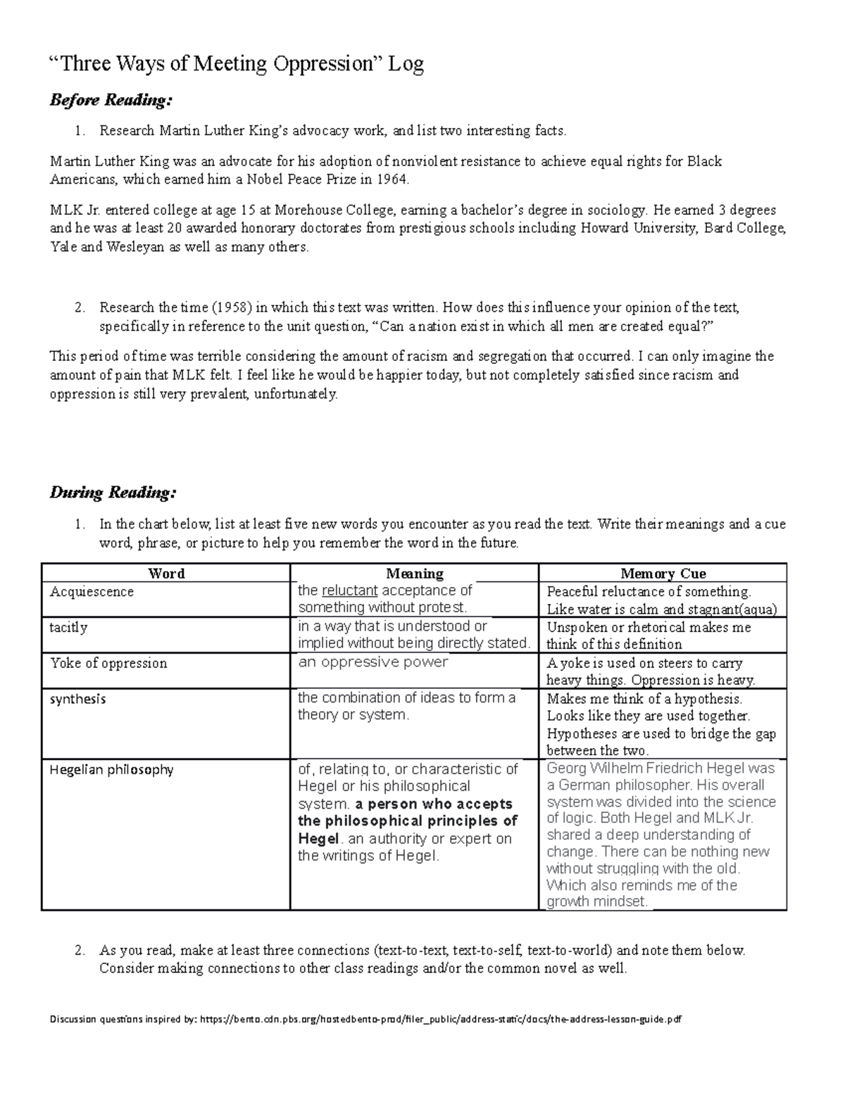 ENG 101: "Three Ways of Meeting Oppression" Reading Log Insights - Studocu
