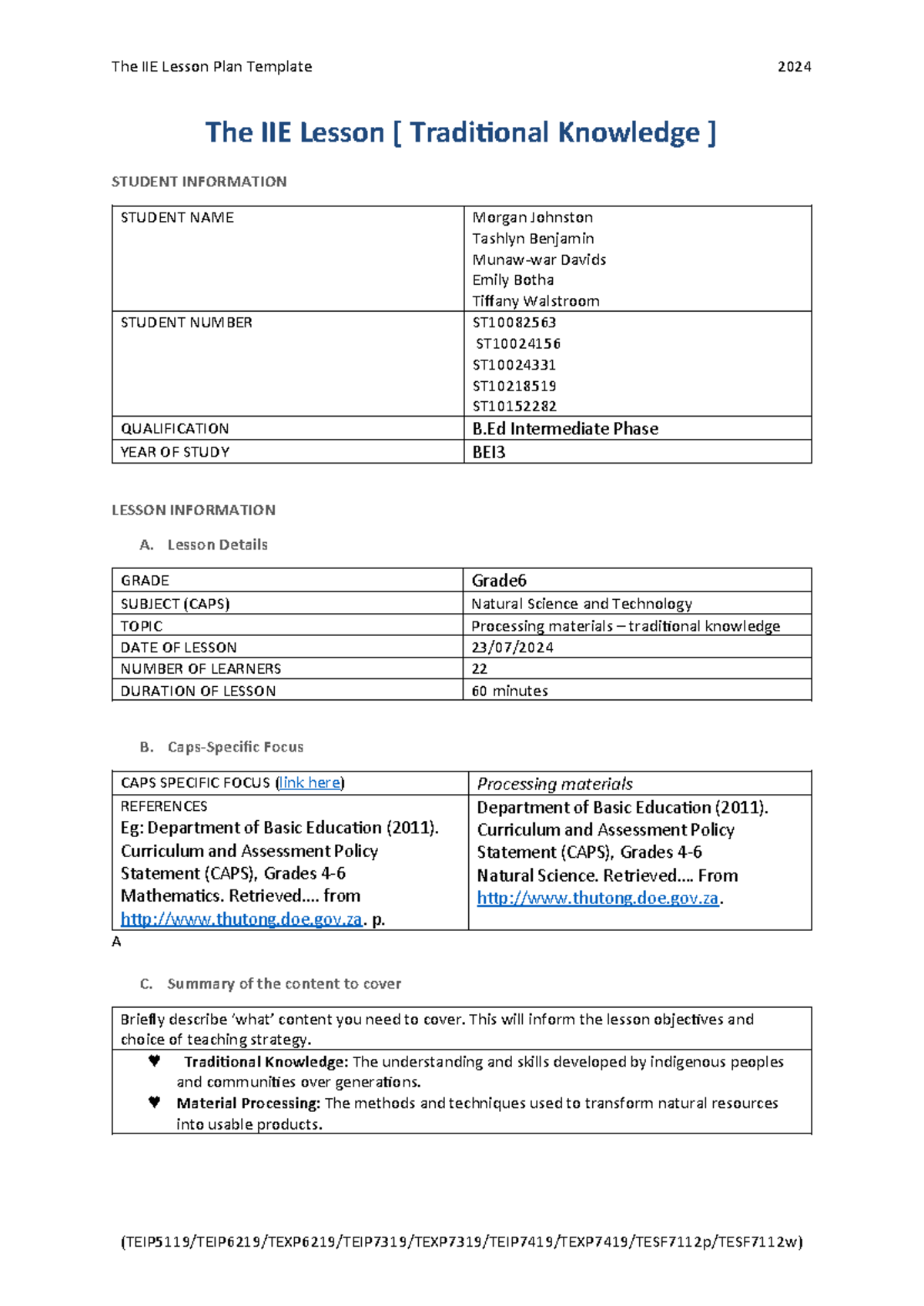 IIE Lesson Plan Template NST: Traditional Knowledge in Natural Science ...