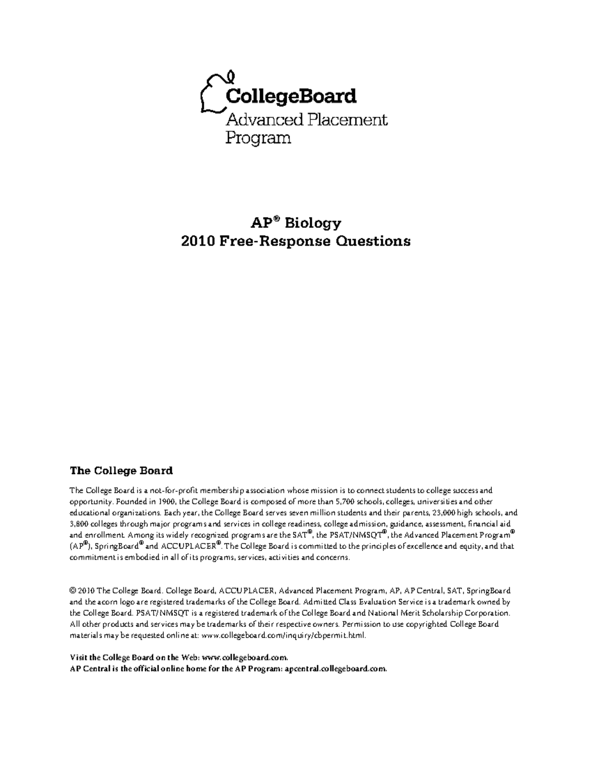 Biology 2010 AP Exam Practice Questions and Answers - Studocu