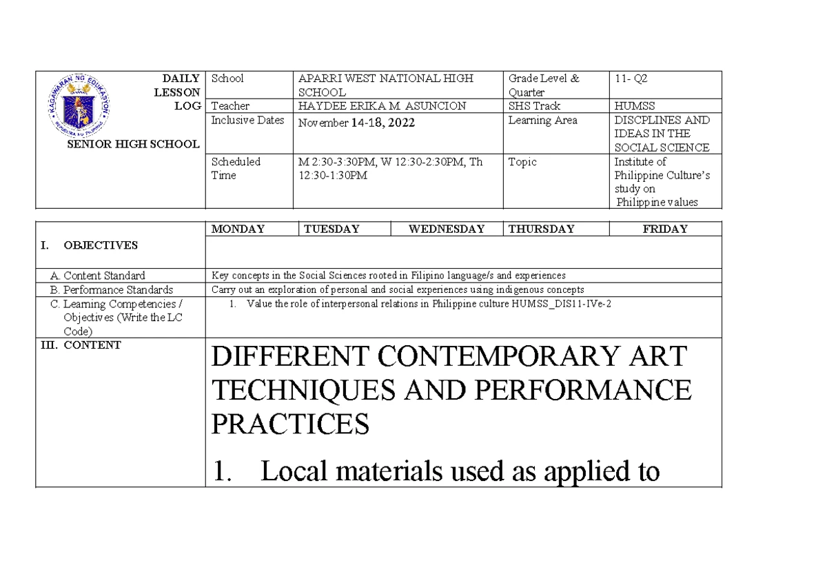 DISS DLL 2 - Daily Lesson Log for HUMSS (Nov 21-25, 2022) - Studocu