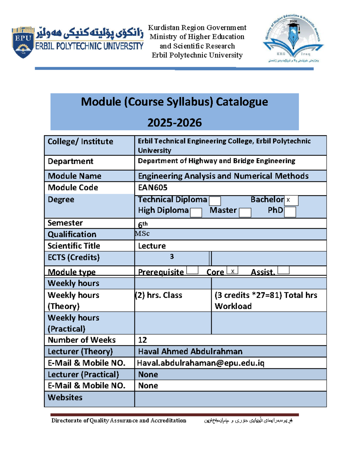 Eng. Analysis & Numerical Methods EAN605 Course Syllabus 2026 - Studocu