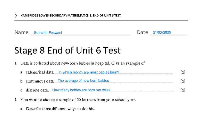 Cambridge Lower Secondary Mathematics 8: End of Unit 6 Test - Studocu