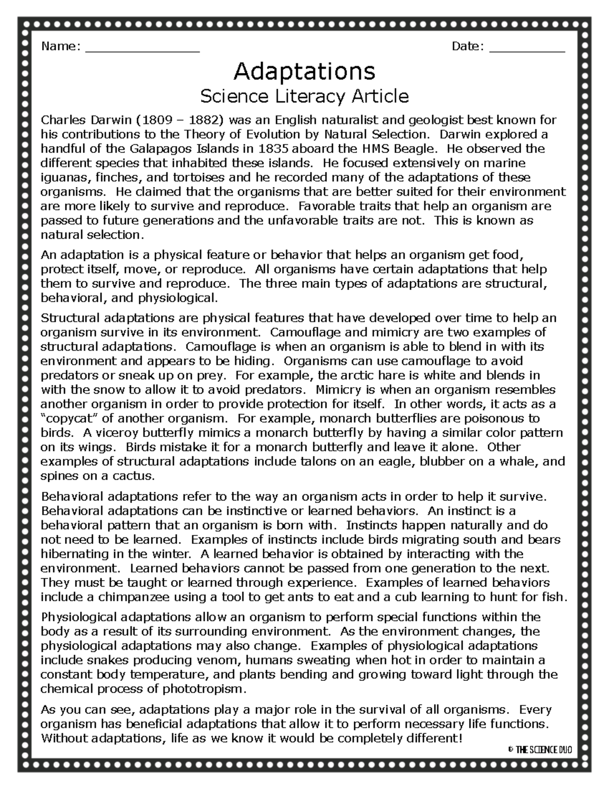 Adaptations Literacy Article - Adaptations Science Literacy Article ...