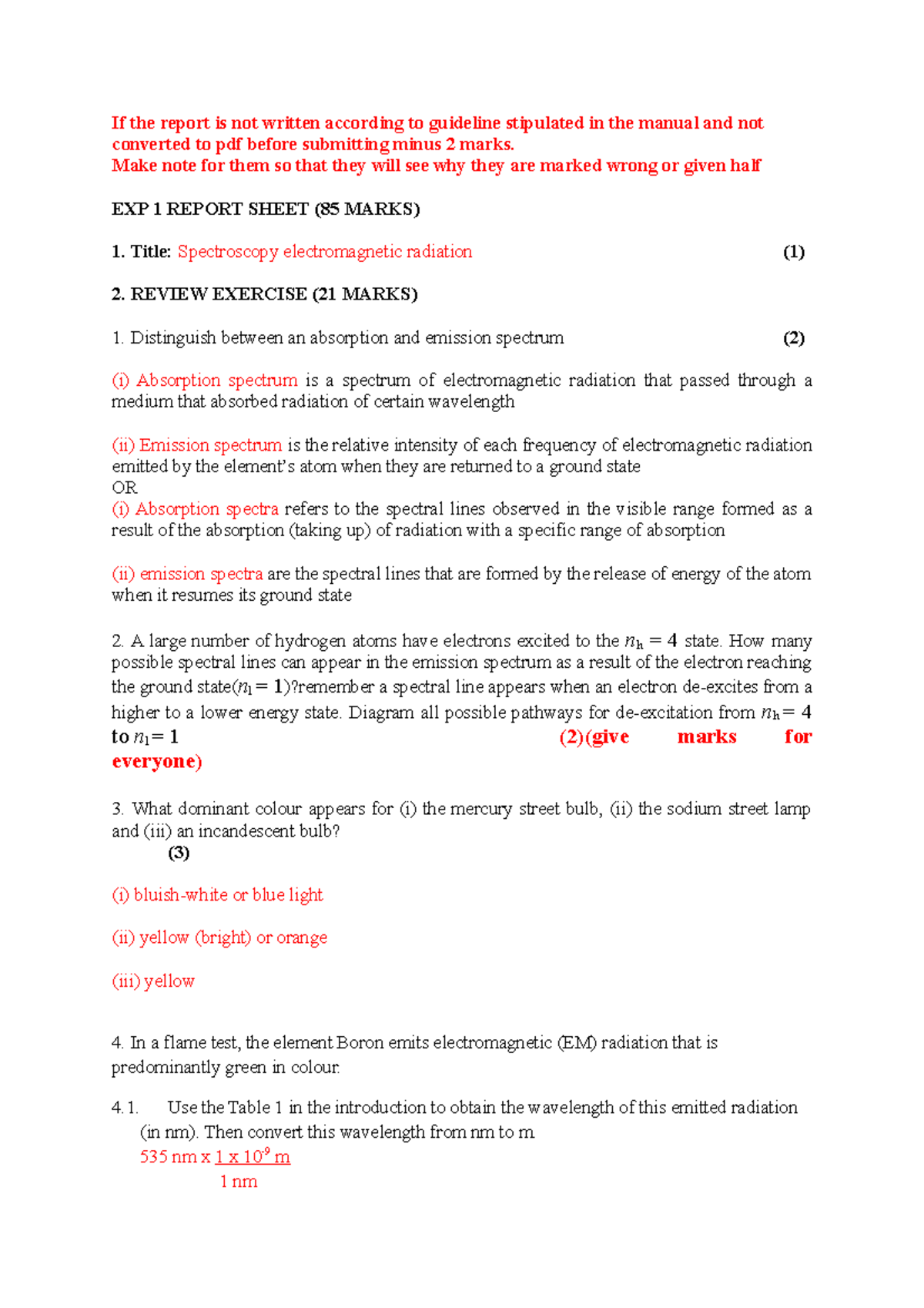 Electromagnetic Radiation in Spectroscopy: EXP1 Report Guidelines - Studocu