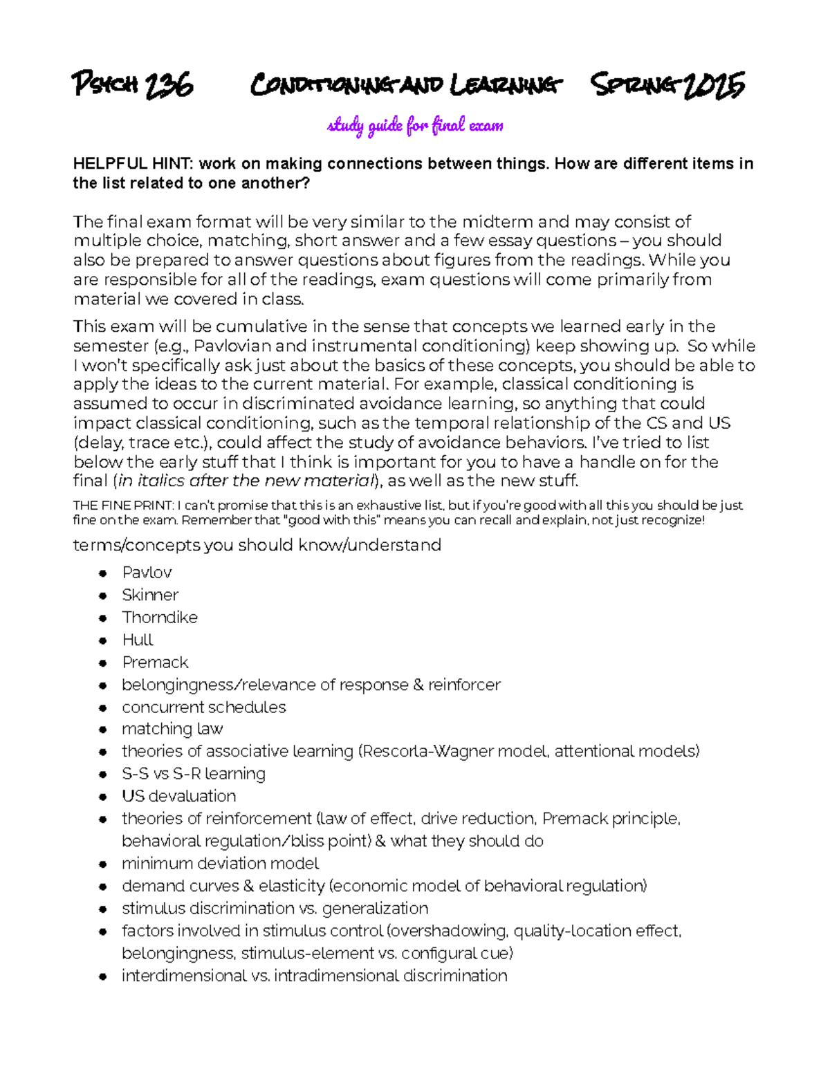 Psych 236 Conditioning and Learning - Final Exam Study Guide Spring ...