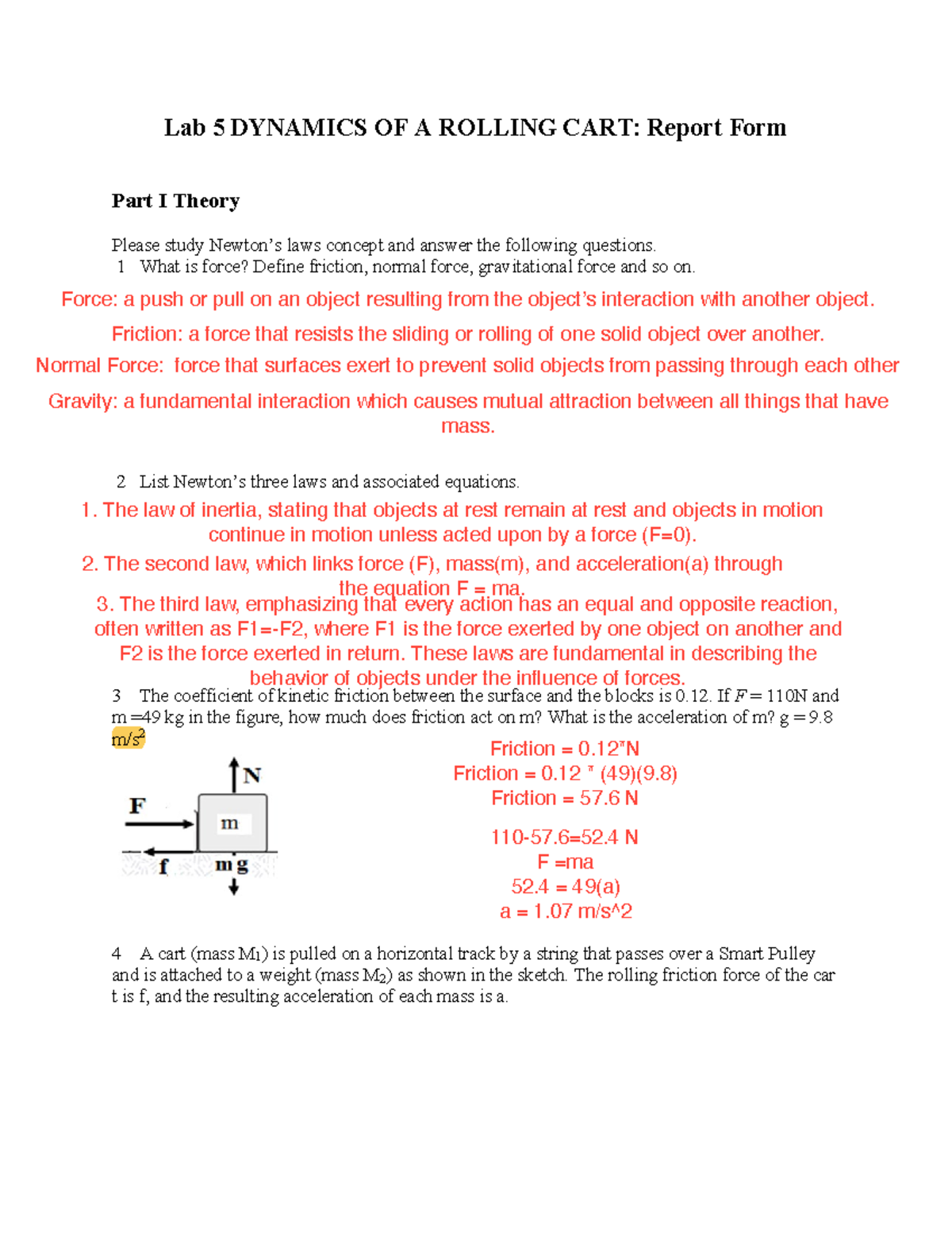 Lab 5 - Dynamics of a Rolling Cart: Newton’s Laws & Friction Analysis ...