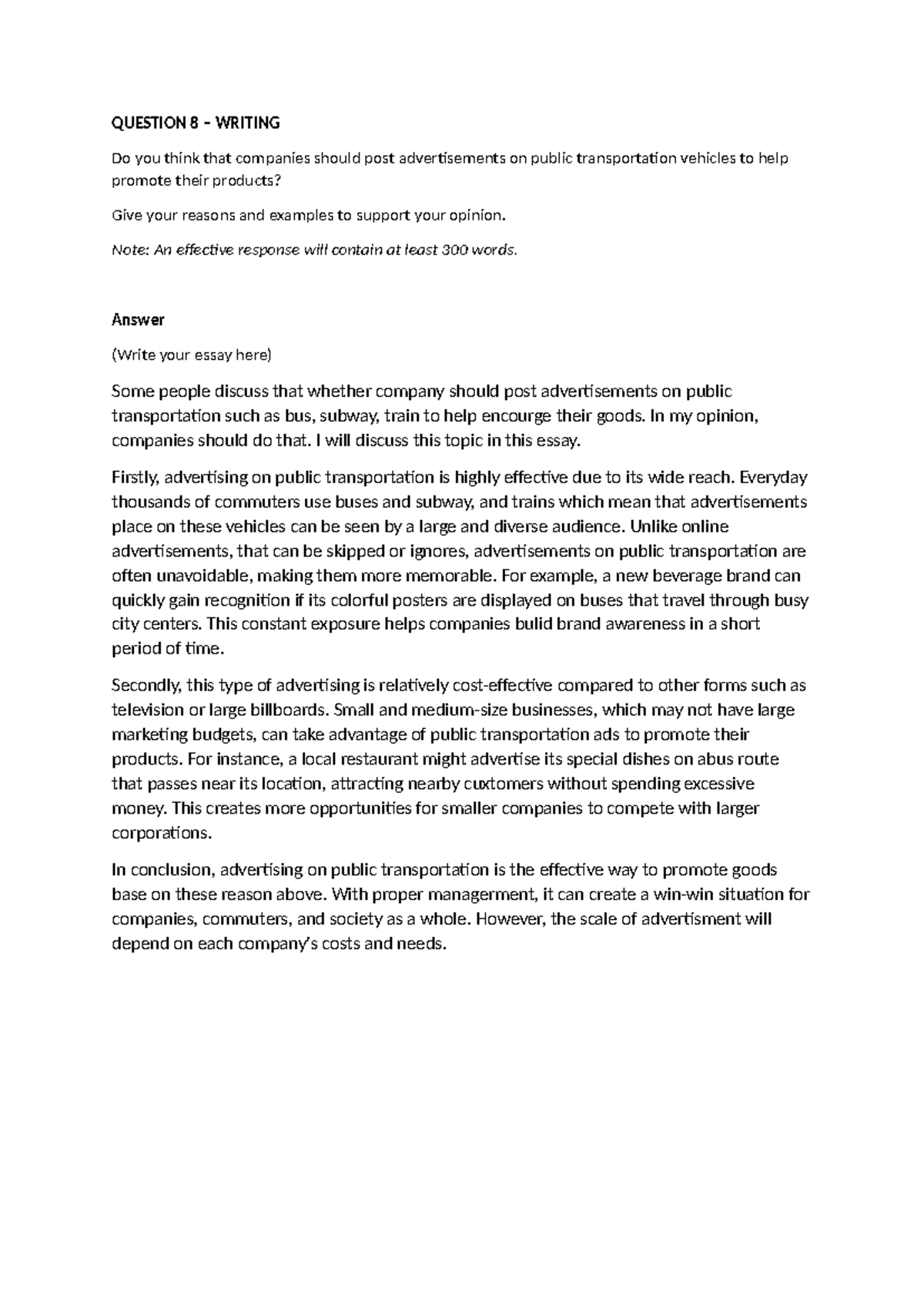 Test Writing 3 - Essay on Advertising in Public Transport - Studocu