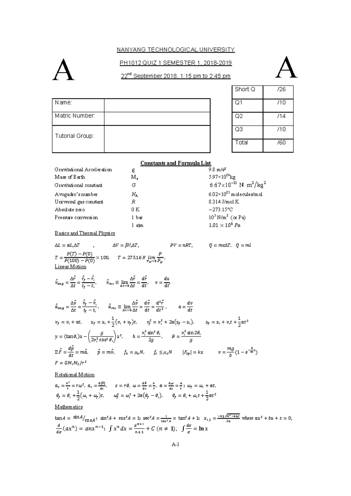 PH1012 Quiz 1 Semester 1, 2018-2019 Questions and Solutions - Studocu