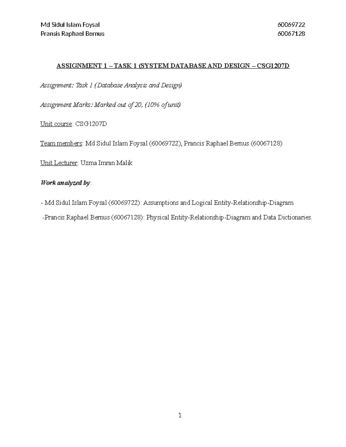 CSG1207D Database Analysis and Design - Assignment Task 1 - Studocu