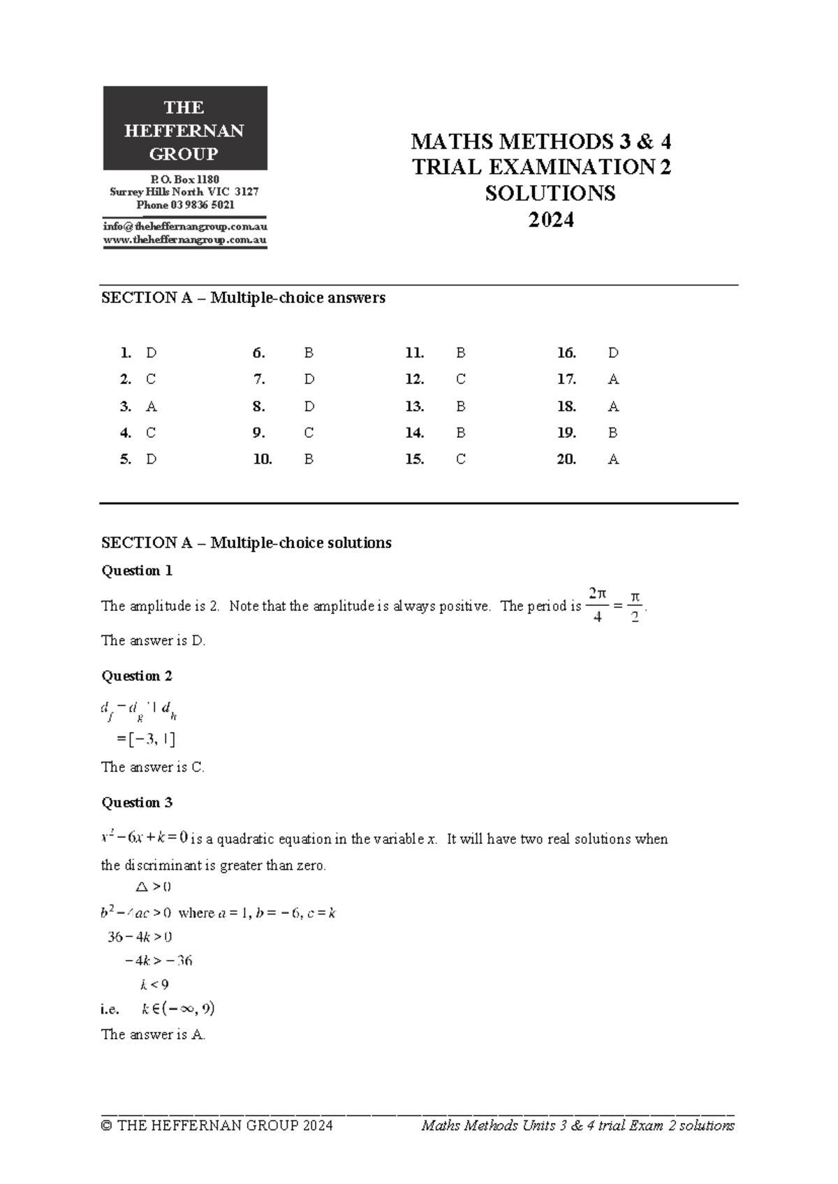 HEFFERNAN GROUP MATHS METHODS 3 4 TRIAL EXAM 2 SOLUTIONS 2024 - Studocu
