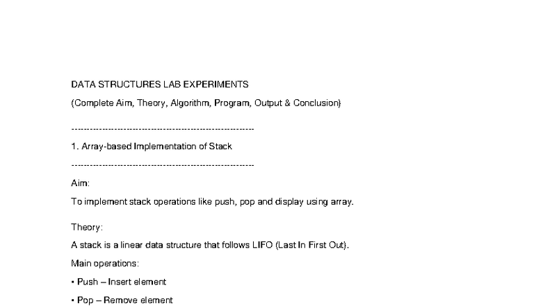 DATA STRUCTURES LAB (DSC101) - Stack, Queue, Linked List & Tree Ops ...