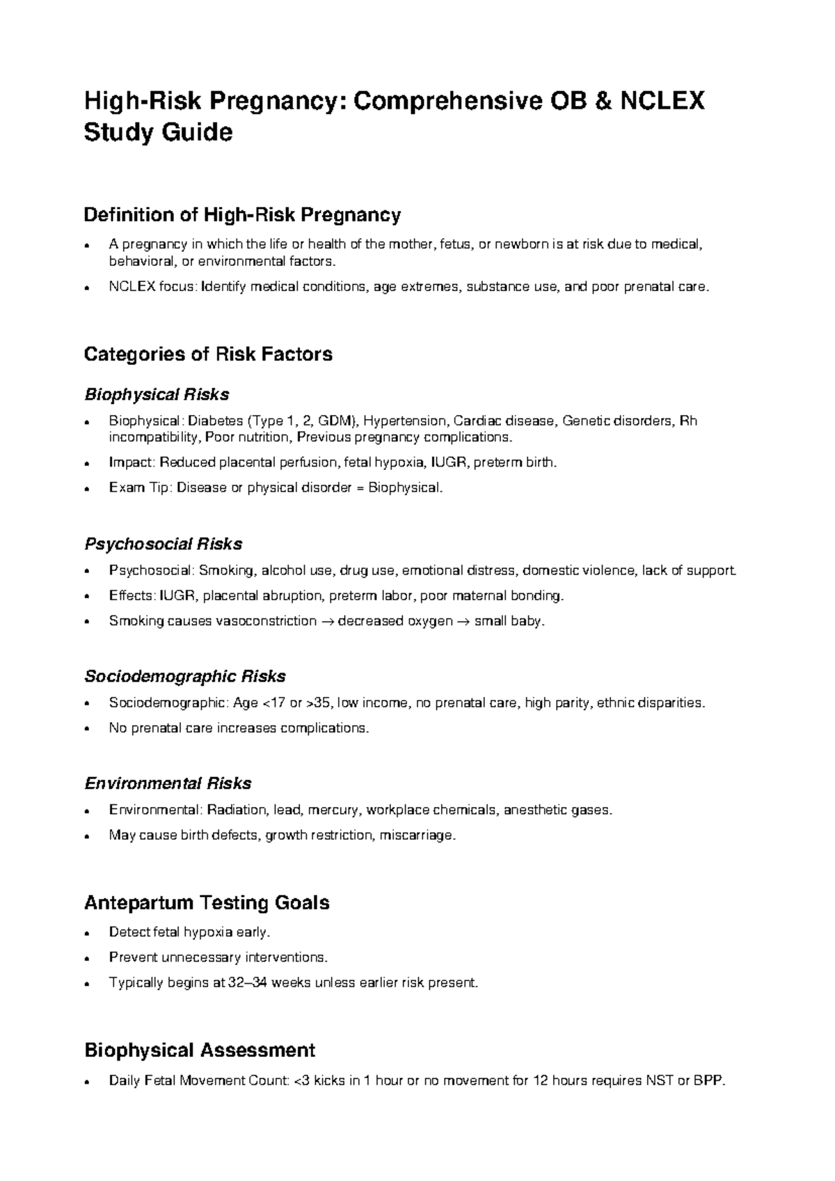 High Risk Pregnancy: OB NCLEX Study Guide & Risk Factors - Studocu