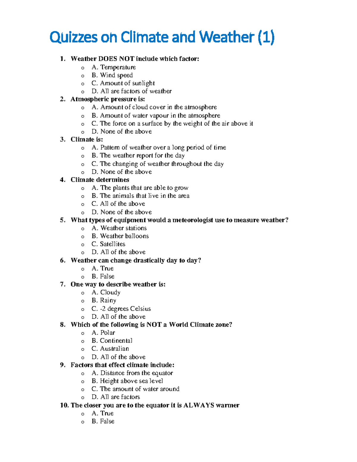 CC#1 - Climate and Weather Quiz Questions and Answers - Studocu