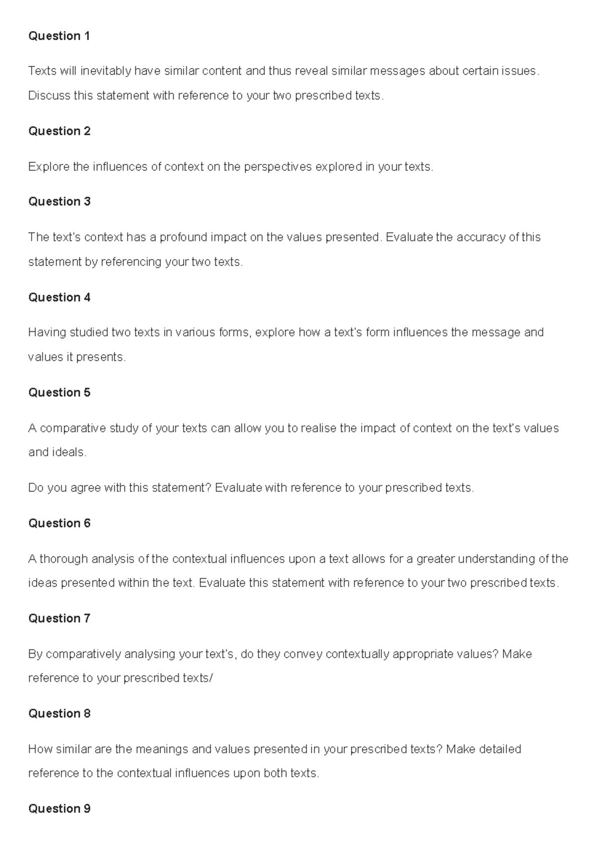Questions for English Exam Prep Mod A: Comparative Text Analysis - Studocu