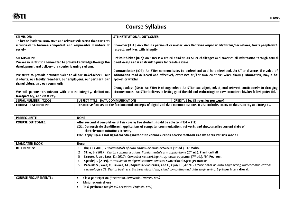 IT2006 Syllabus and Course Outline IT(3) - Course Syllabus STI VISION ...