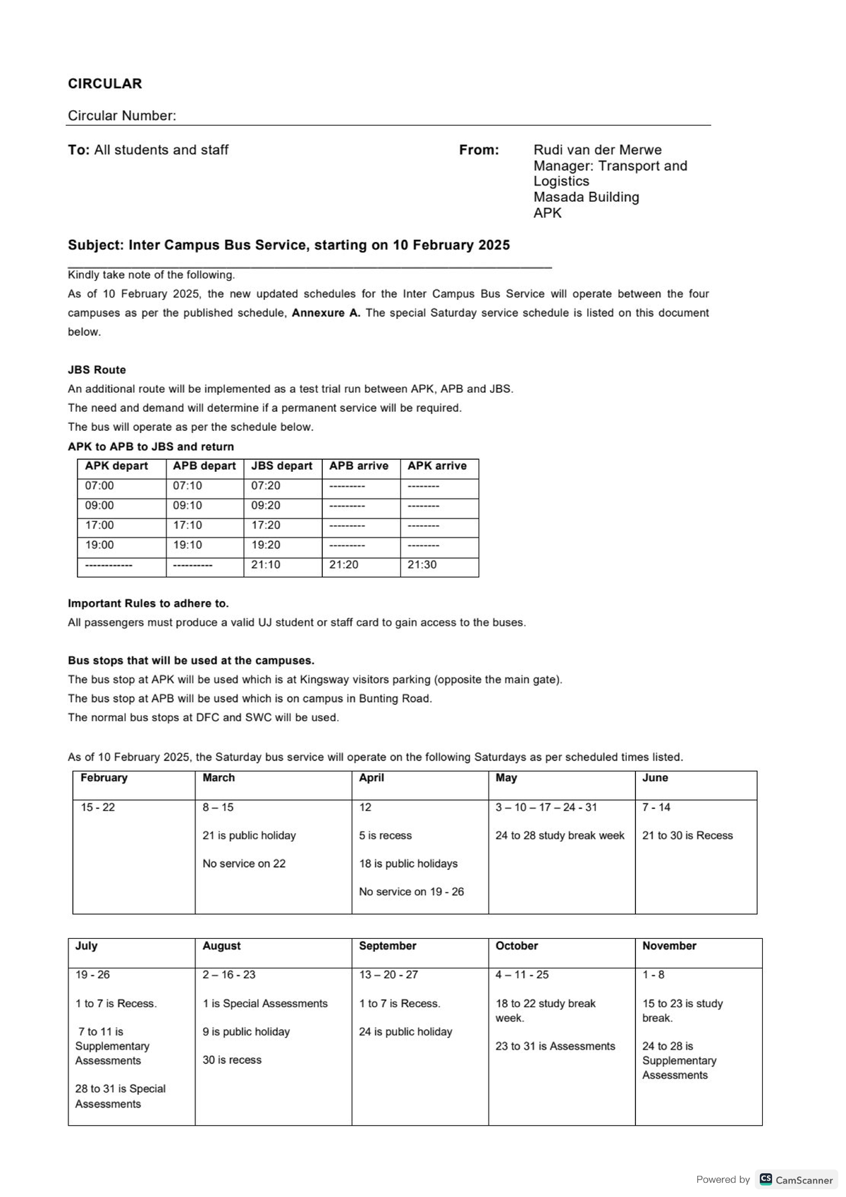 UJ Transport Circular: Updated Bus Schedule Effective Feb 10, 2025 ...