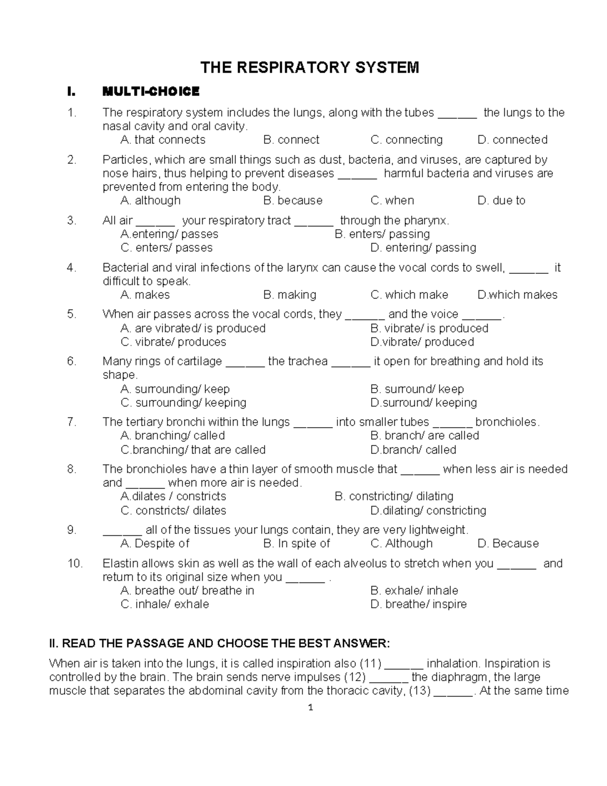 Handout- The Respiratory system - THE RESPIRATORY SYSTEM I. MULTI ...
