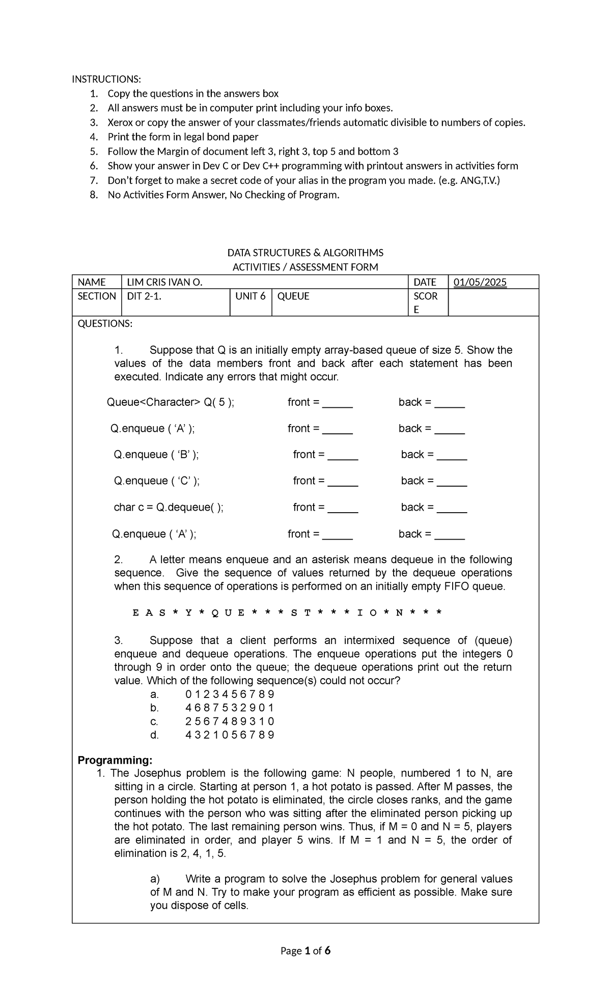 UNIT 6 Queue Activity: Data Structures Algorithms Assessment Form - Studocu