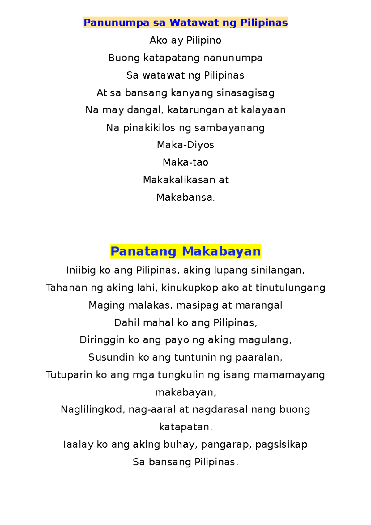 Panunumpa at Panatang Makabayan: Himig ng Pag-ibig sa Bayan - Studocu