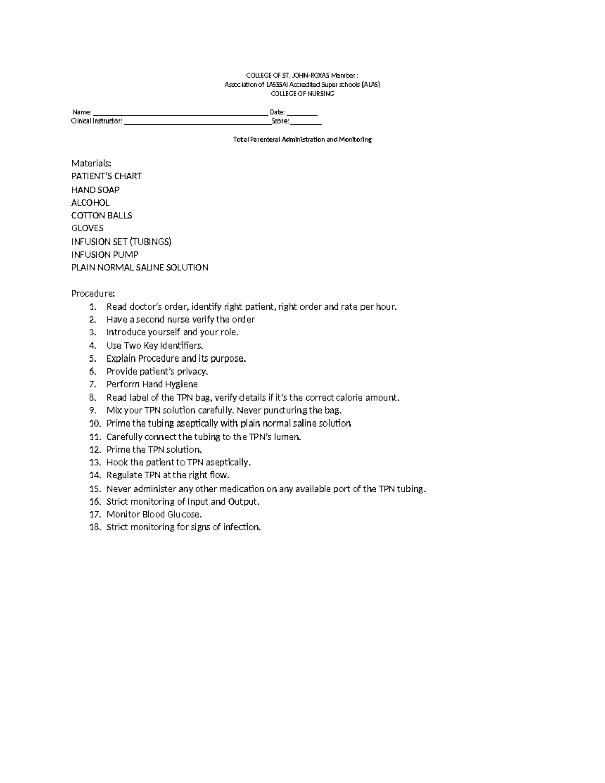 Total Parenteral Nutrition Procedure Guide - Nursing 101 - Studocu