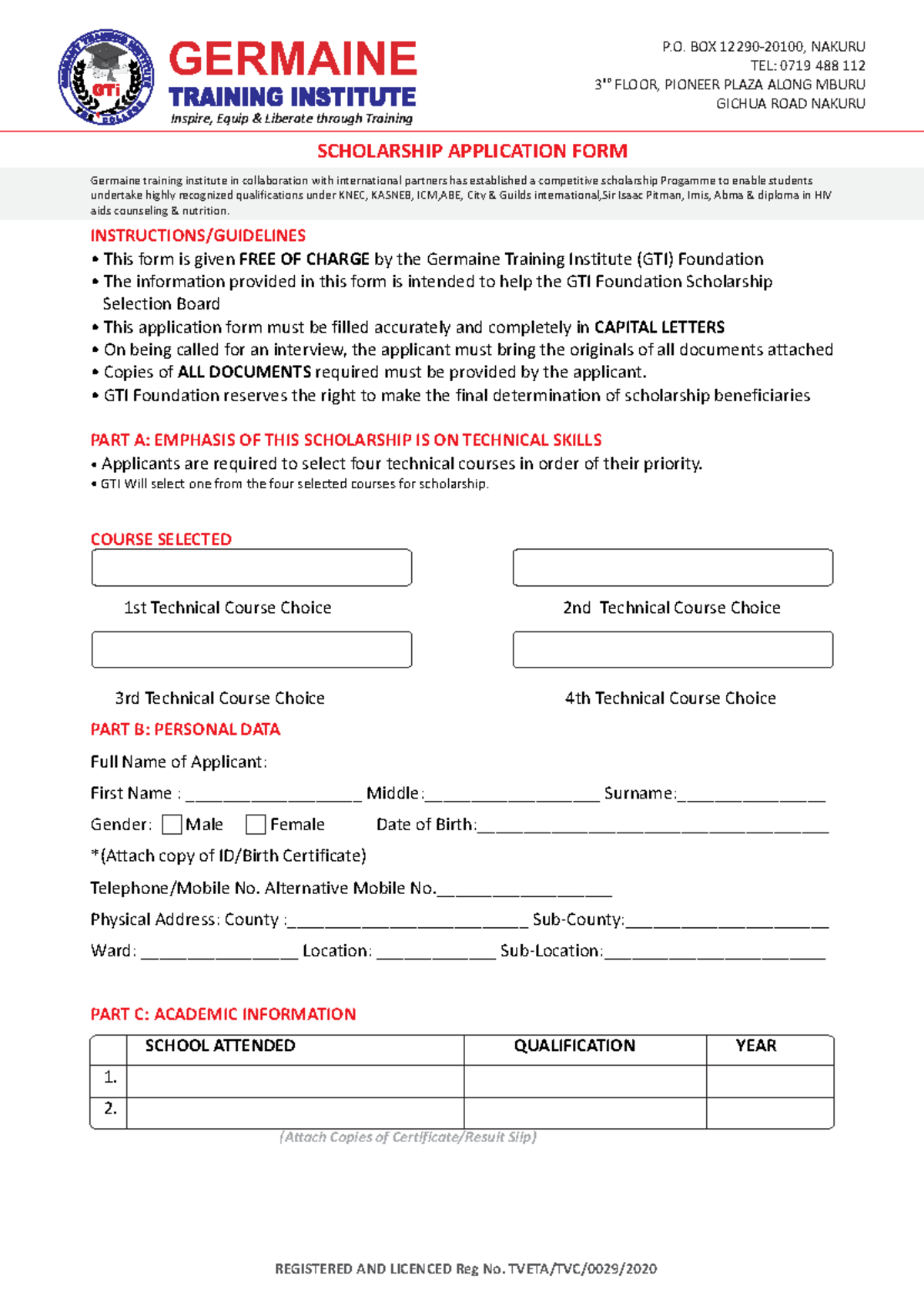 GTI Scholarship Application Form for Technical Courses - Studocu