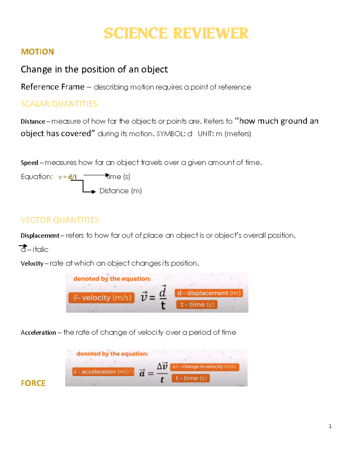Science 101 - Reviewer for Term Exam 1: Motion, Energy, and Electricity ...