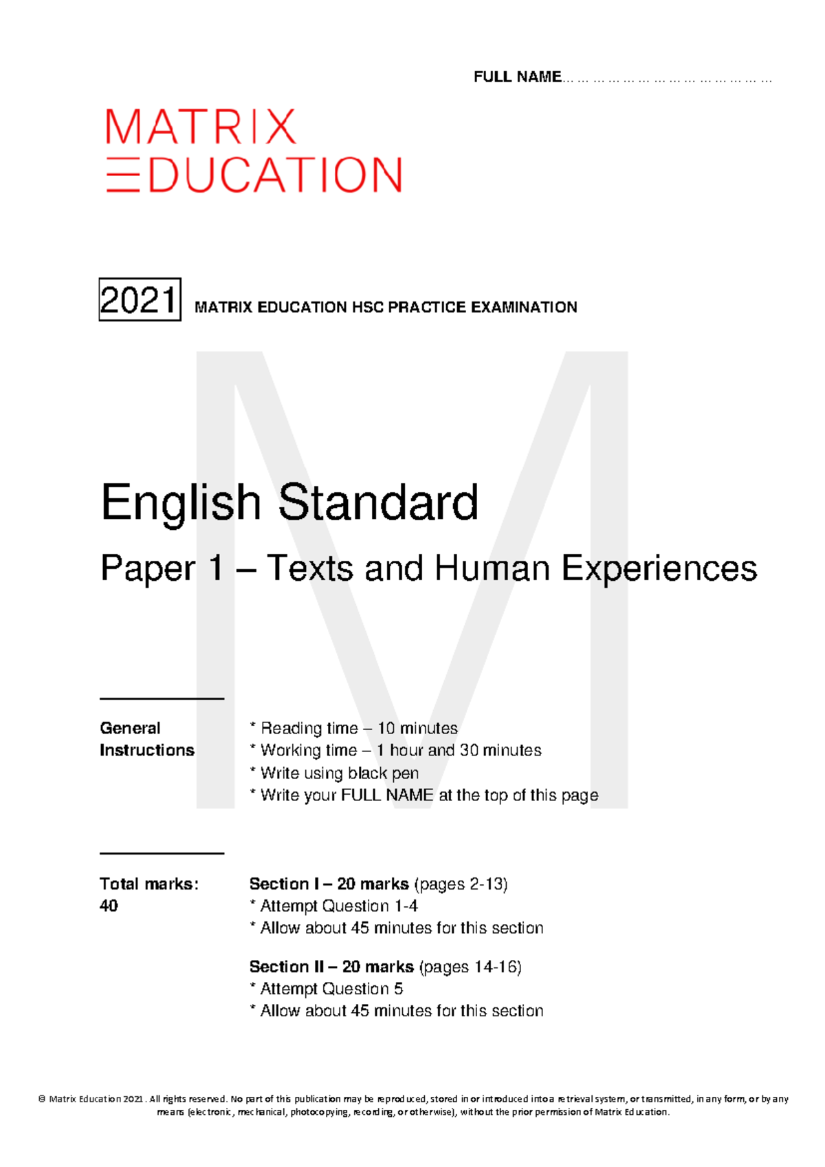 2021 HSC English Standard Mock Exam Paper 1: Texts & Human Experiences ...
