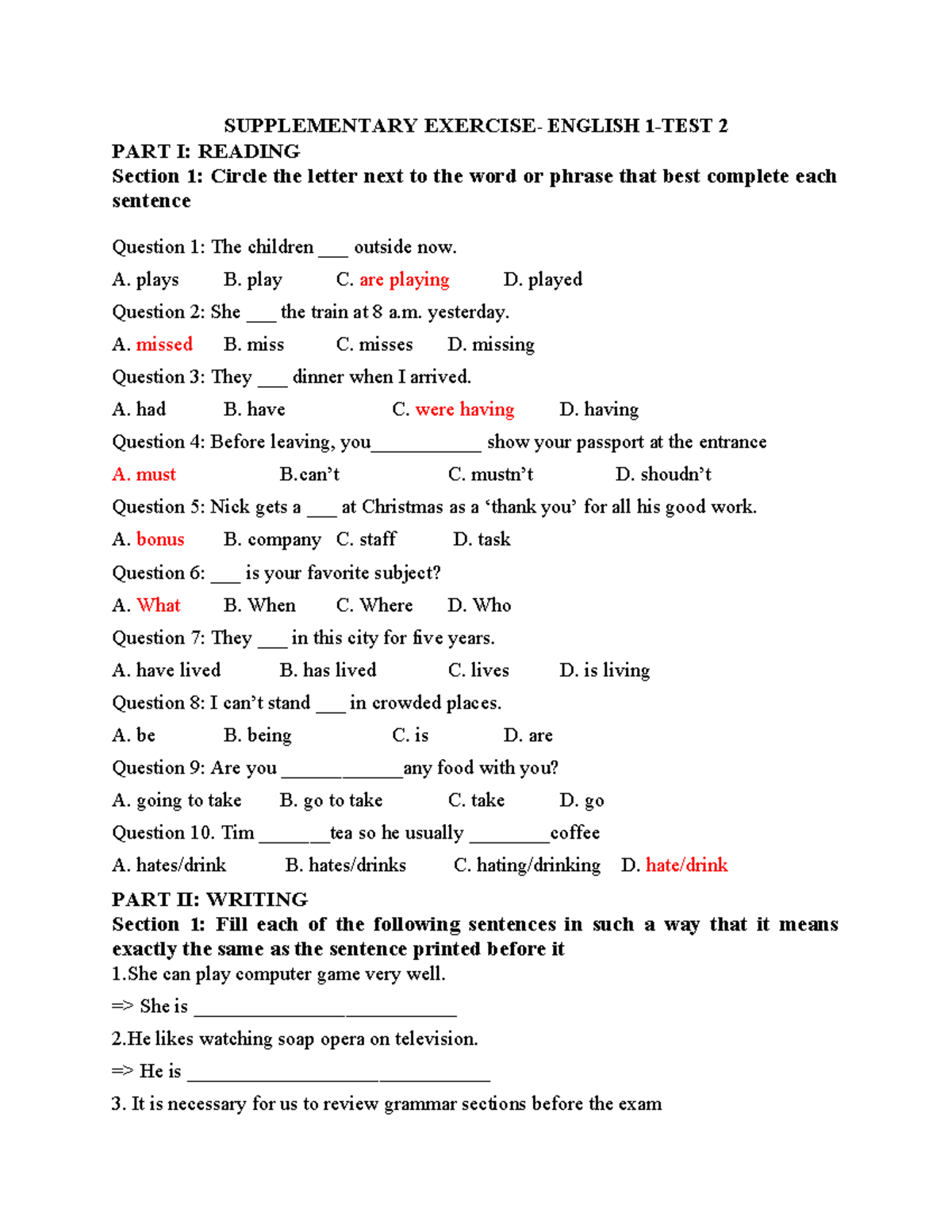 Supplementary English 2 part I: Reading and writing practice test - Studocu