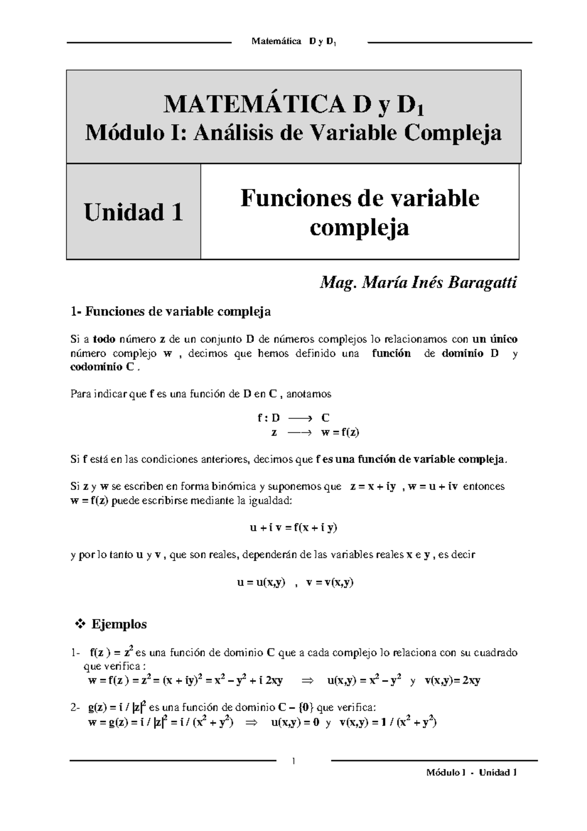 Unidad 1: Funciones de Variable Compleja - Matemática D y D1 - Studocu