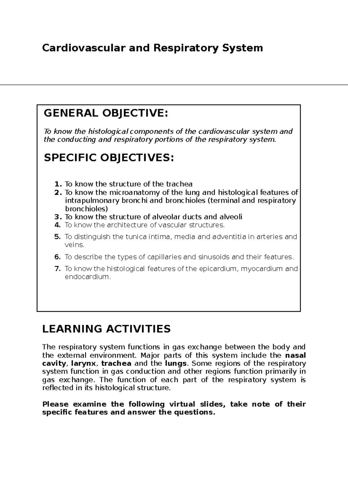 Respiratory and Cardiovascular Systems - Practical Lab Overview - Studocu