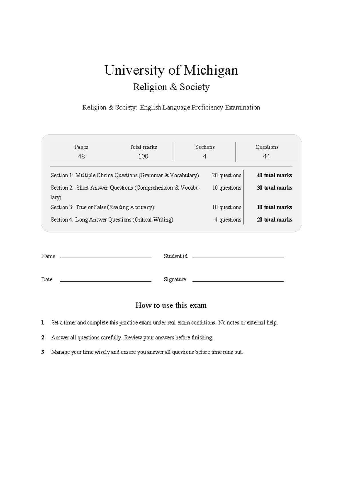 REL 455 Religion & Society: English Language Proficiency Exam Practice ...