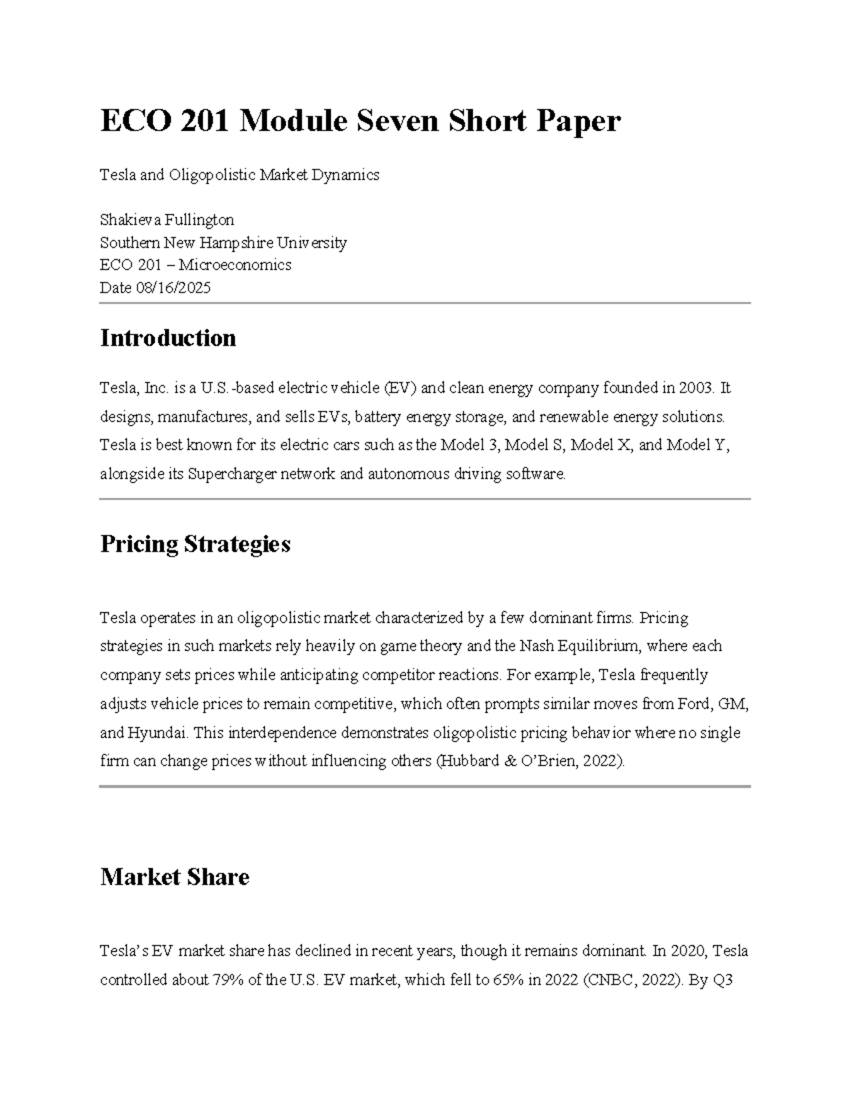 ECO 201 Module 7 Short Paper: Tesla's Oligopoly Dynamics - Studocu